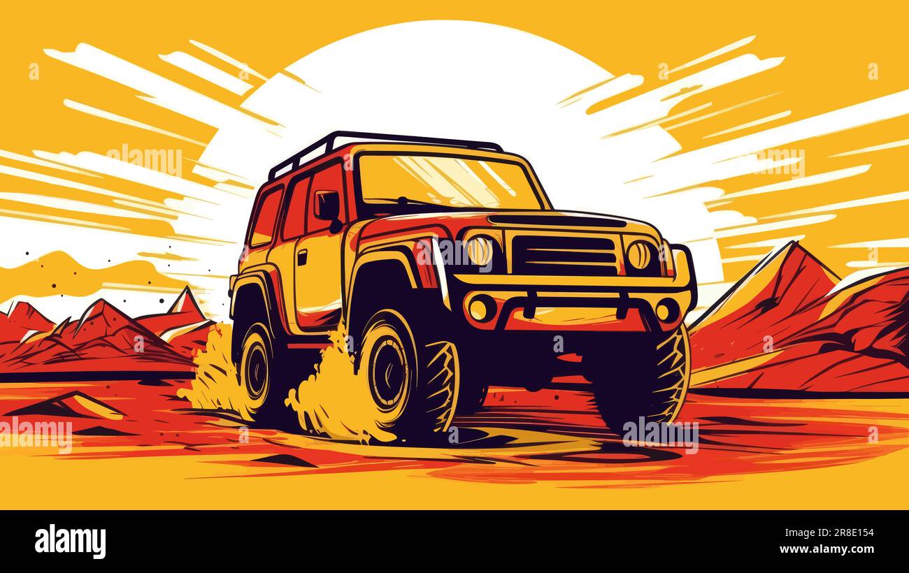 Wild SUV bashing in desert on a huge sun background. 4x4 sport, safari off road adventure ...