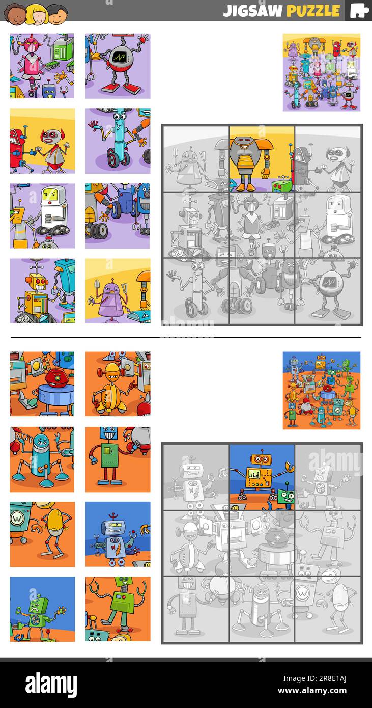 Cartoon illustration of educational jigsaw puzzle activities set with ...