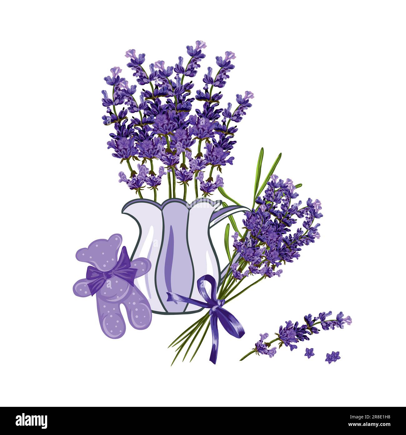 Lavender flowers, scented bear, vase with bouquet. Vector illustration ...
