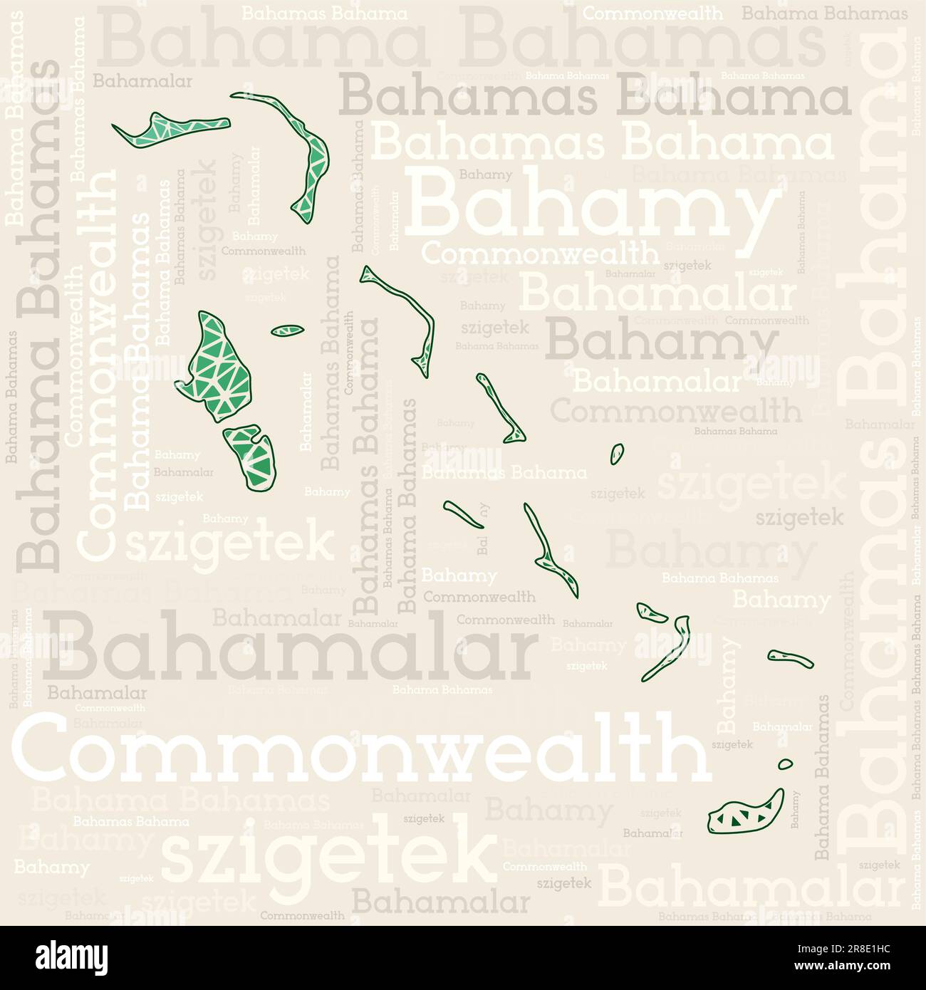 Bahamas map design. Country names in different languages and map shape ...