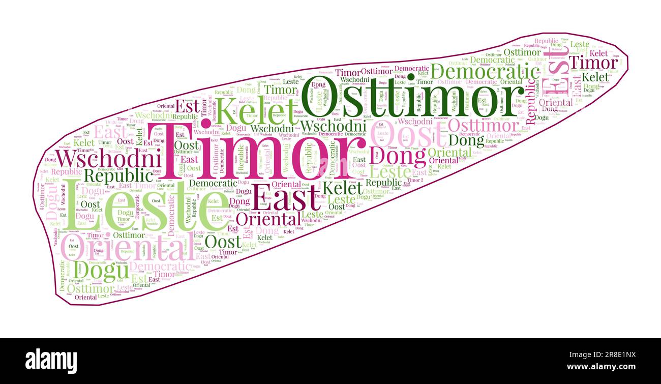 Timor-Leste shape filled with country name in many languages. Timor ...