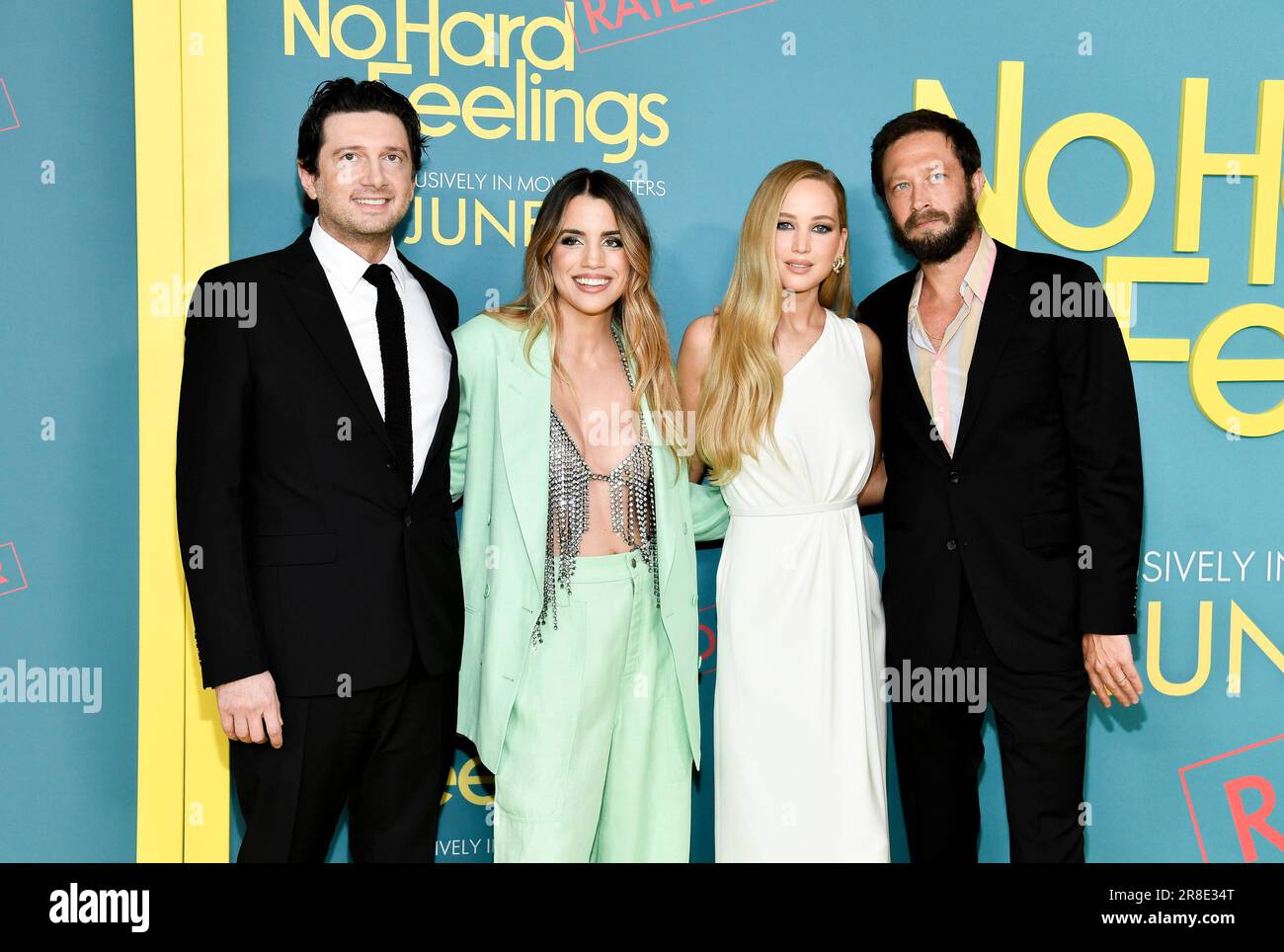 Gene Stupnitsky, left, Natalie Morales, Jennifer Lawrence and Ebon Moss-Bachrach attend the ...
