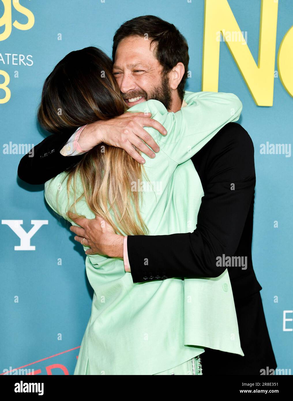 Natalie Morales, left, and Ebon Moss-Bachrach attend the premiere for "No Hard Feelings" at AMC ...