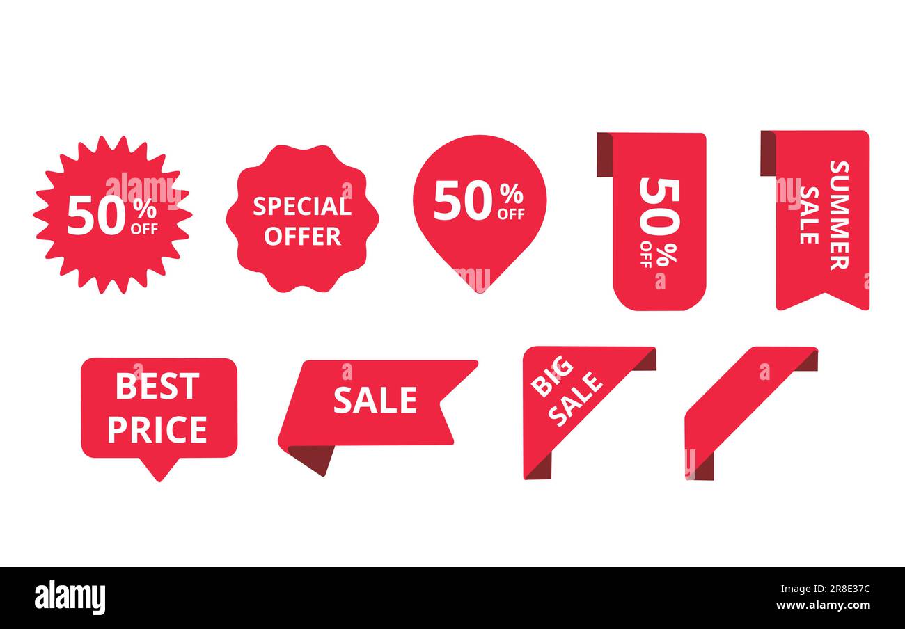 Red sale and discount labels on a white background with copy space ...
