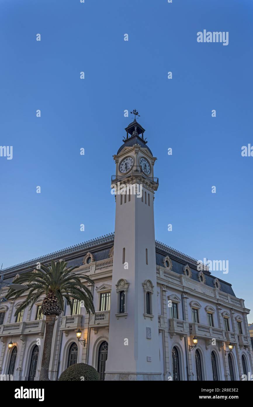 Spain, Valencia, Port authority harbour office and clock tower Stock ...