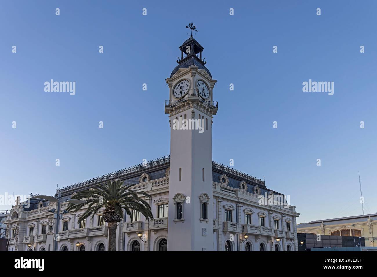 Spain, Valencia, Port authority harbour office and clock tower Stock ...