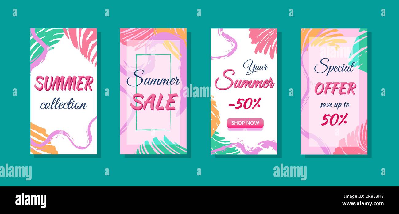 Seasonal summer sale posters, labels, website button. Four vertical ...