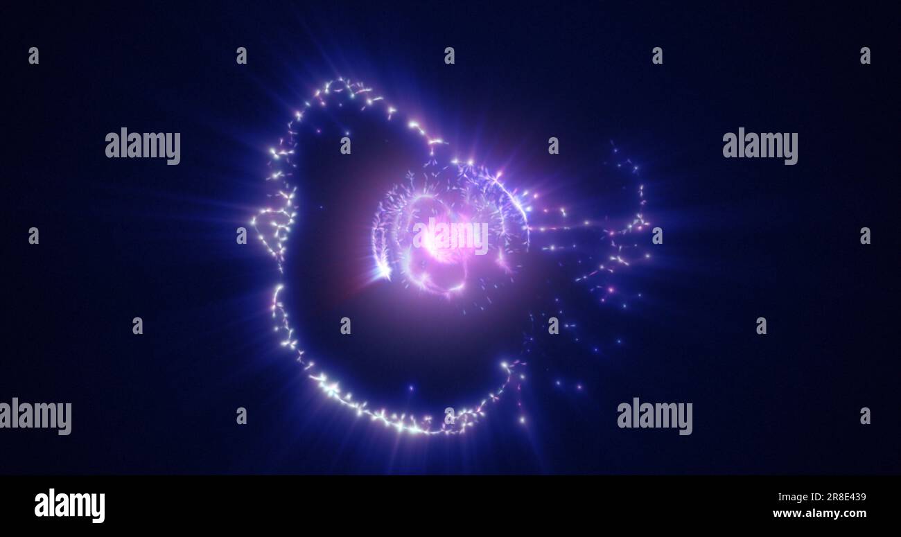 Abstract purple energy sphere with flying glowing bright particles ...
