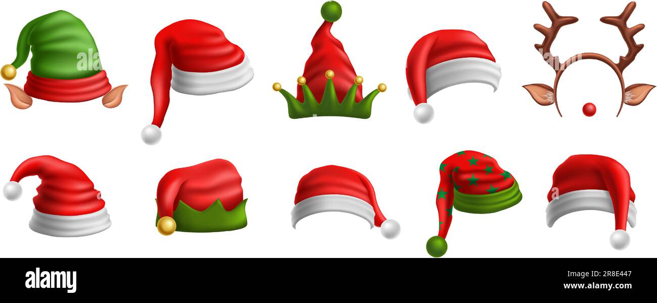 Christmas hats. Festive Santas red cap, elf hat with ears and Xmas deer ...