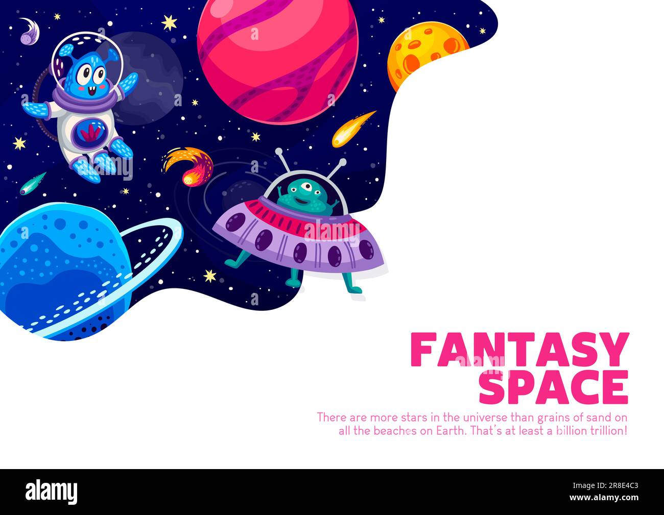 Space poster, cartoon ufo saucer and alien in starry galaxy. Astronomy ...