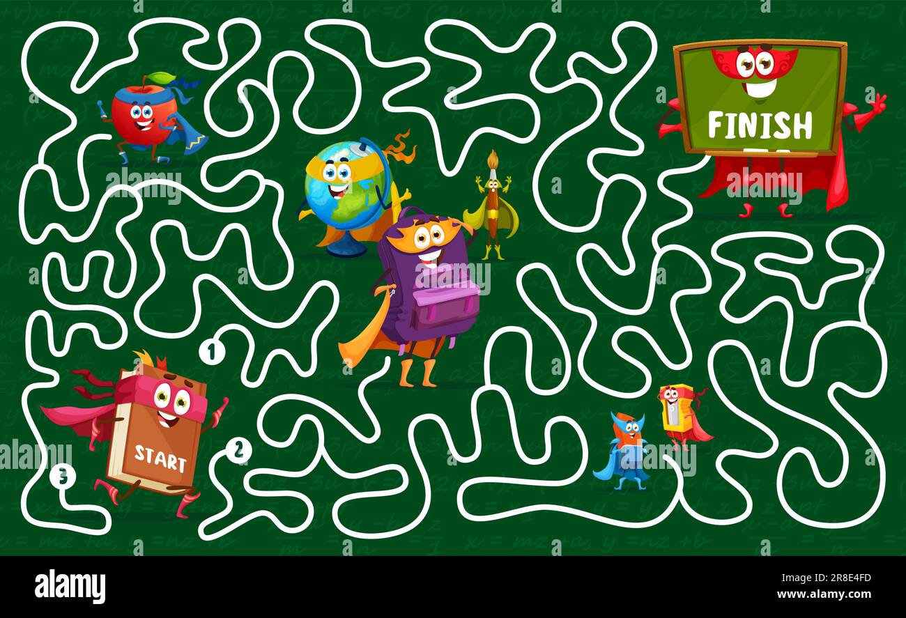 Kids labyrinth maze cartoon stationery superhero characters. Vector ...