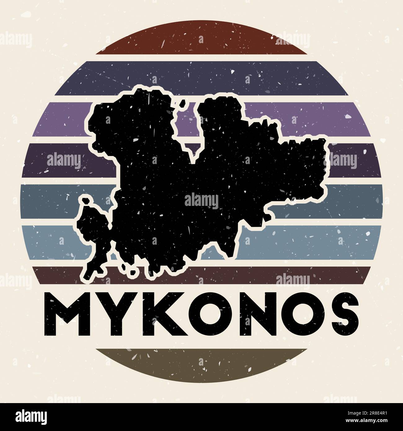 Mykonos logo. Sign with the map of the island and colored stripes ...