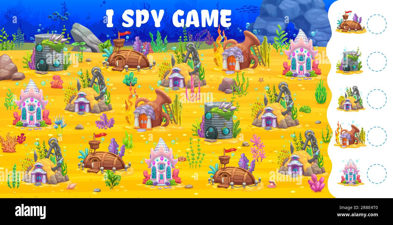 I spy game cartoon fairytale underwater house buildings. Vector riddle ...