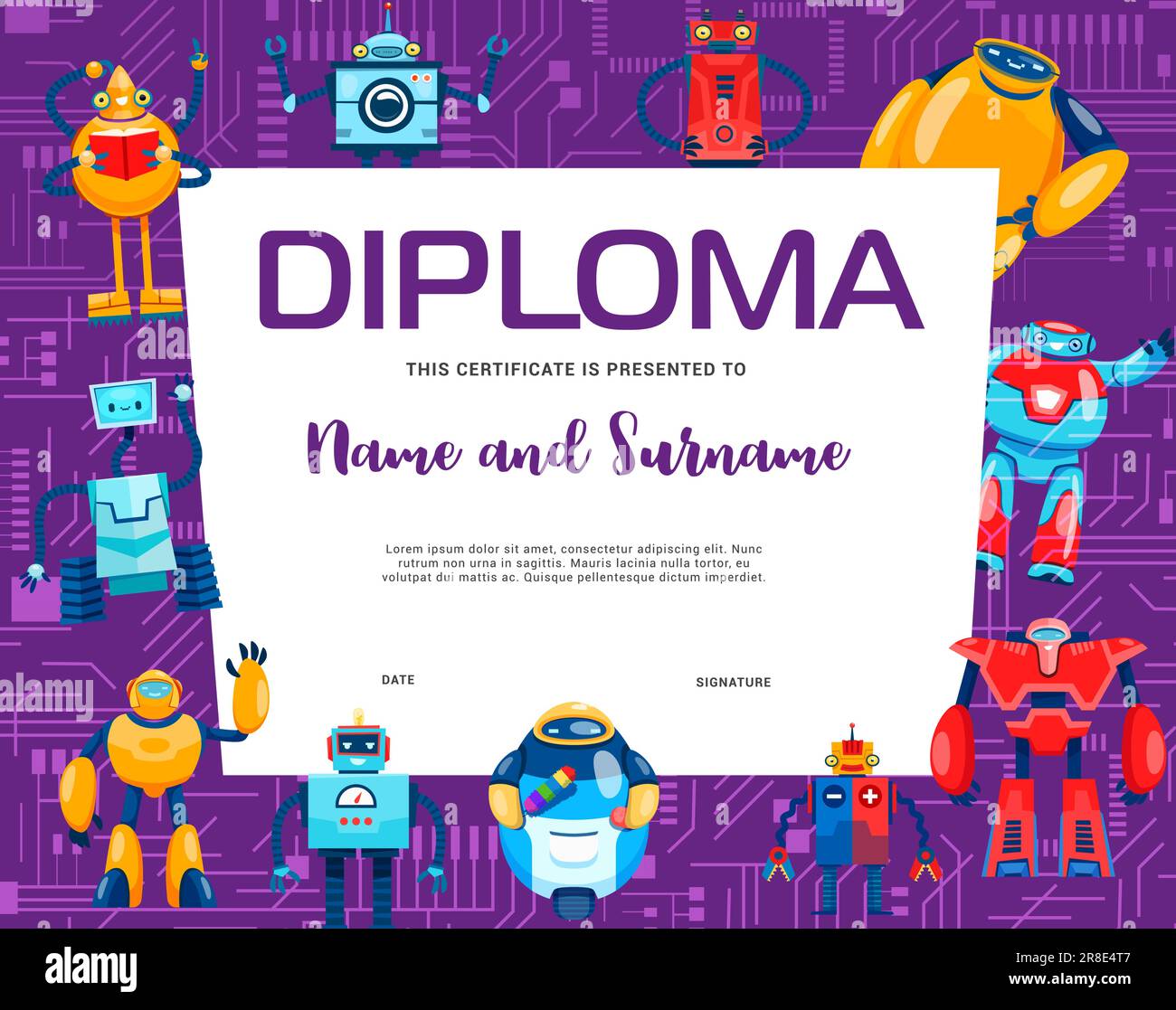 Kids diploma. Cartoon robot and droid characters vector certificate of ...