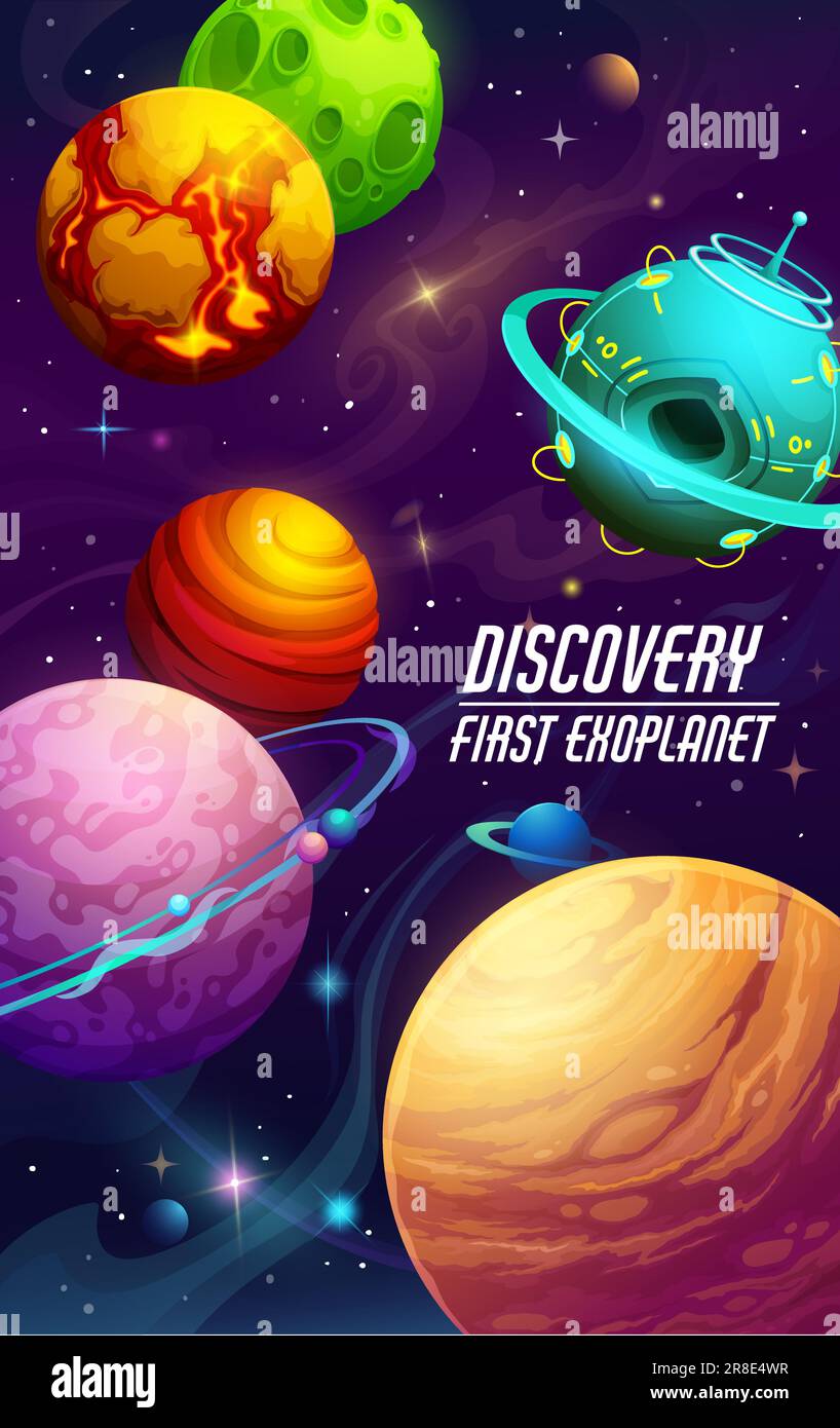 Cartoon galaxy space planets poster. Galaxy discovery, universe flight ...