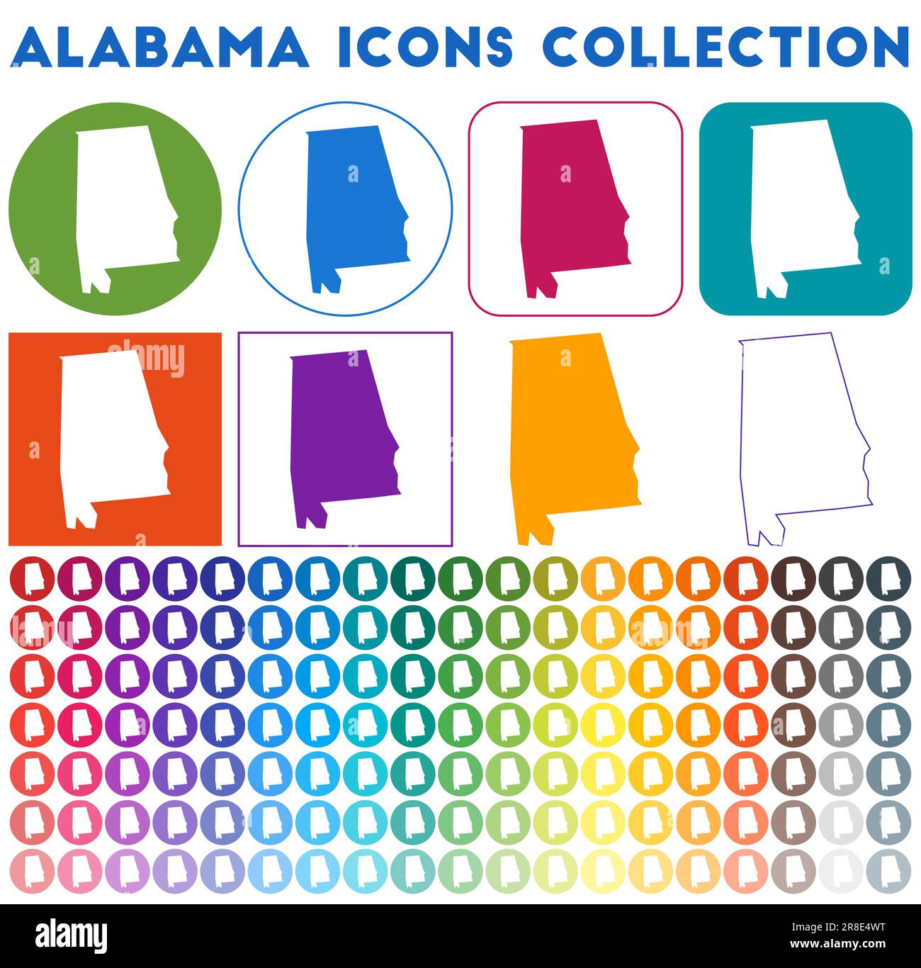 Alabama icons collection. Bright colorful trendy map icons. Modern ...
