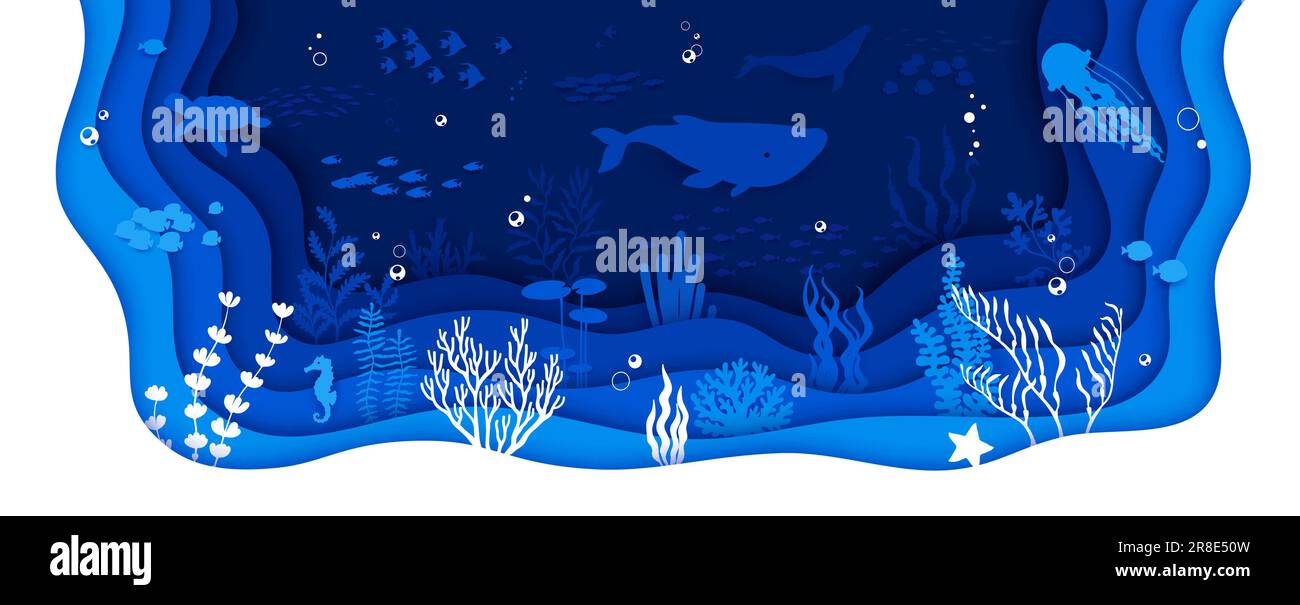 Sea paper cut bottom landscape. Whale and jellyfish, fish shoal and ...