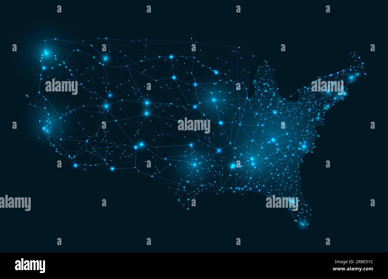 USA grid wireframe map. Connected network of states of America capitals ...