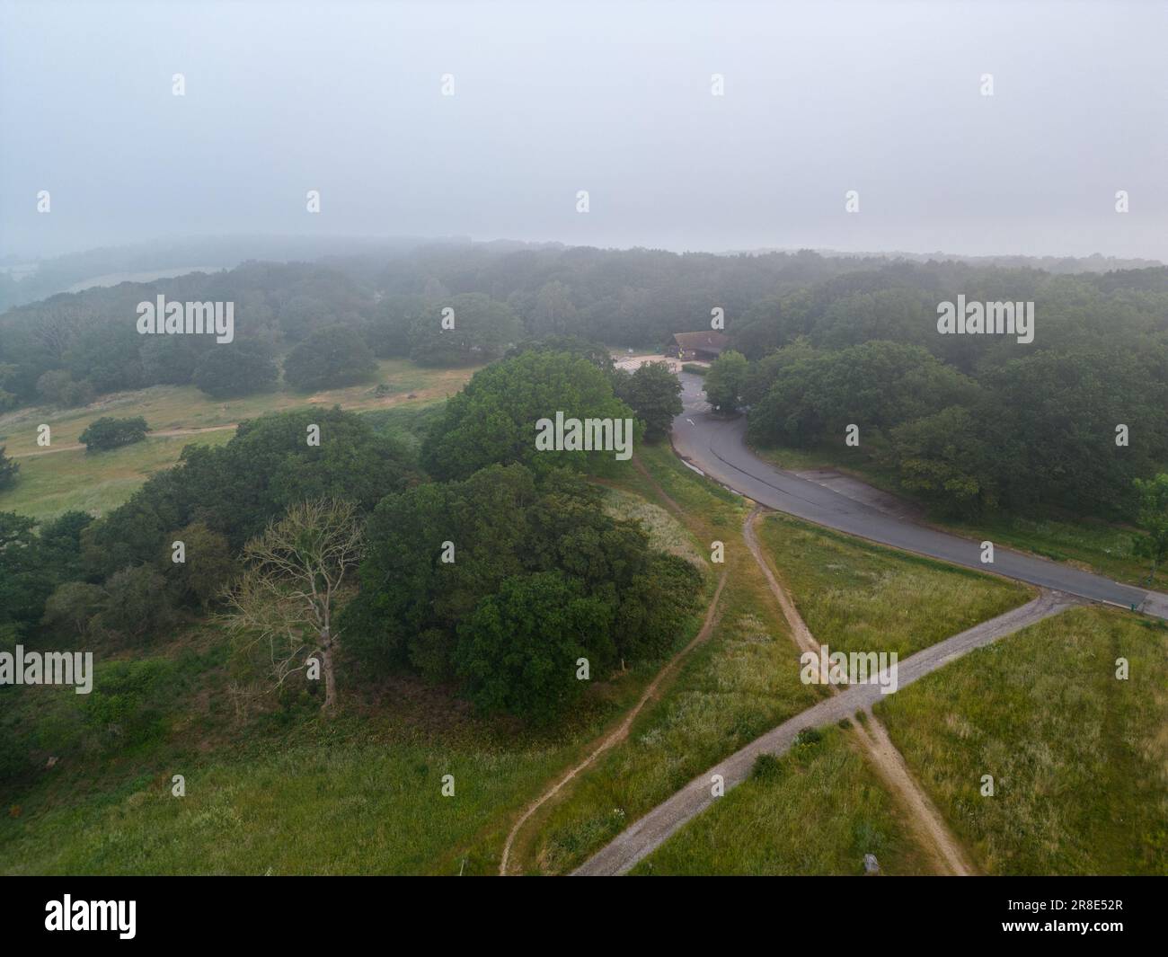 Aerial view of Newlands Corner Surrey on a foggy morning. Newlands ...
