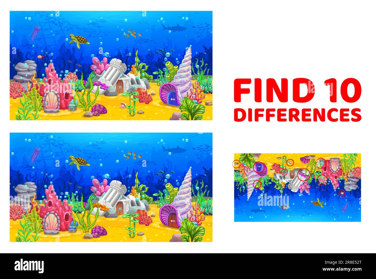 Find ten differences. Cartoon sea underwater landscape with fairytale ...