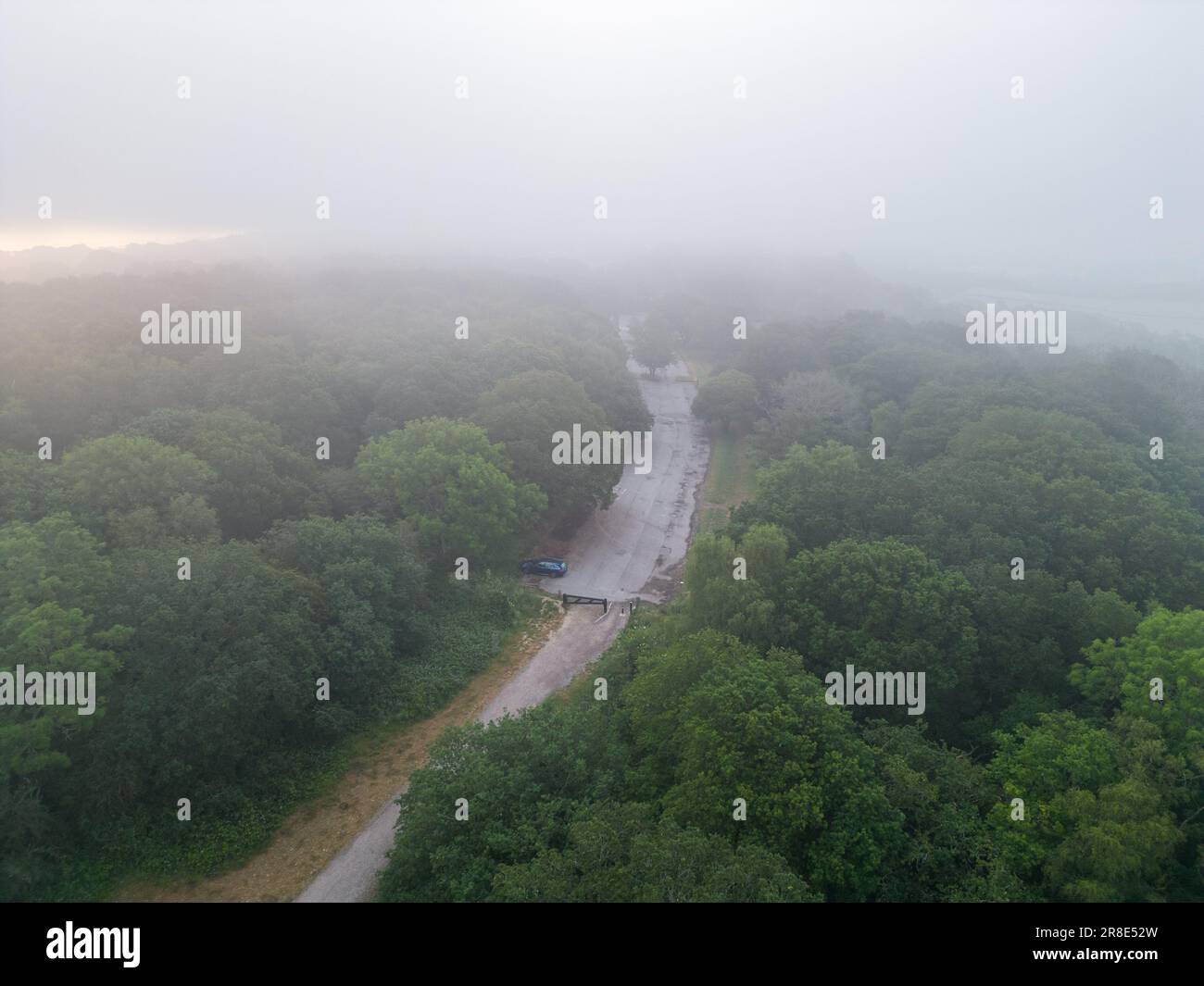 Aerial view of Newlands Corner Surrey on a foggy morning. Newlands ...