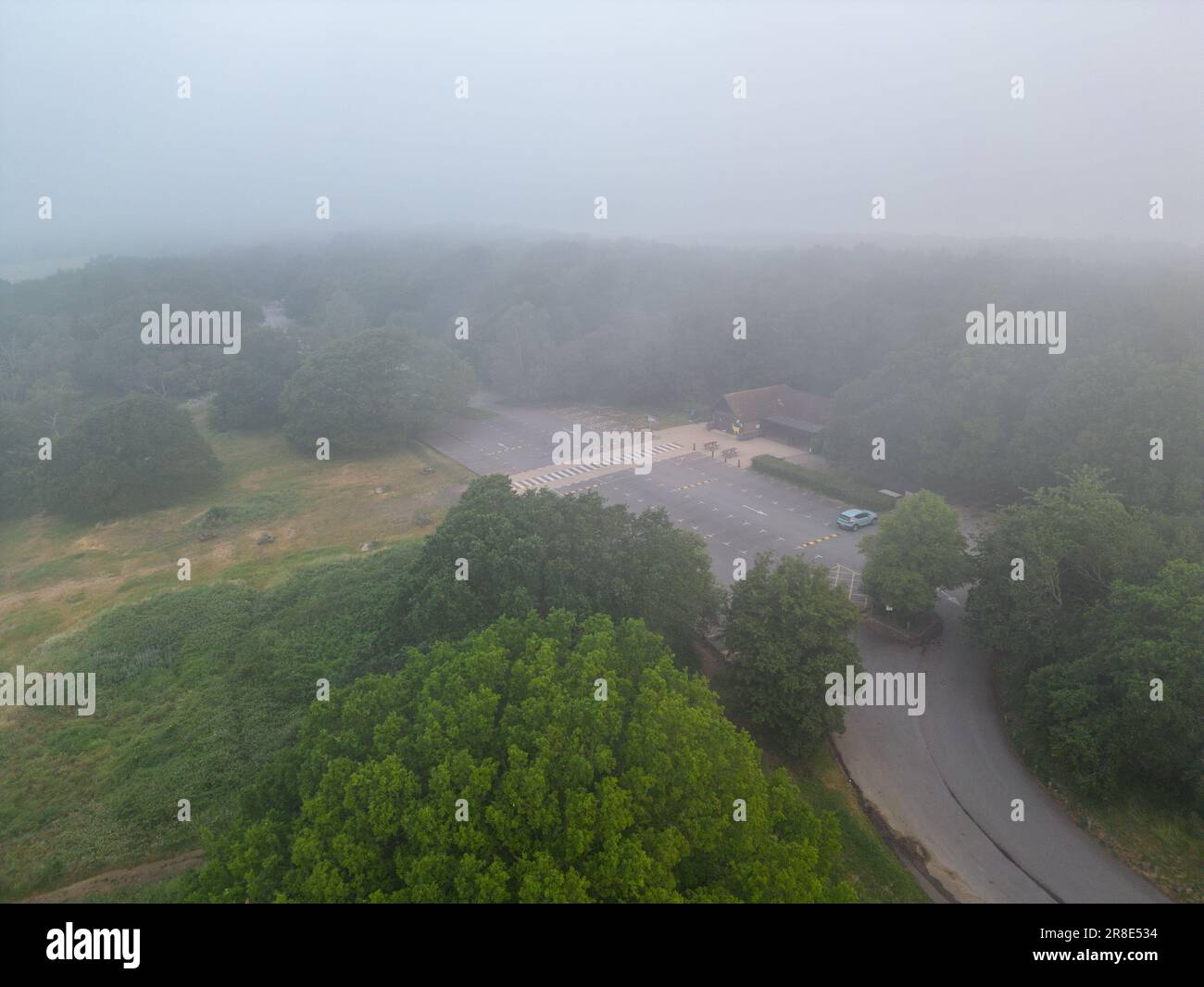 Aerial view of Newlands Corner Surrey on a foggy morning. Newlands ...