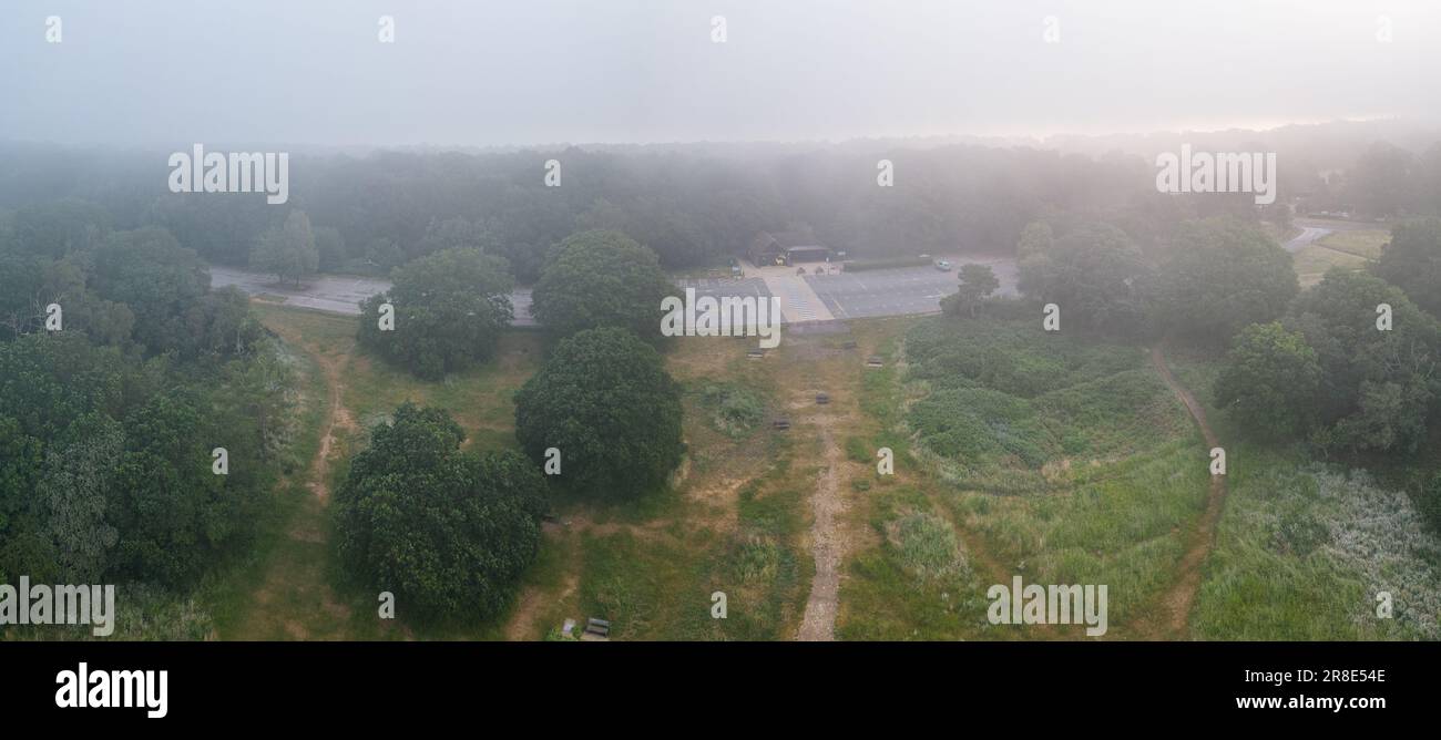 Aerial view of Newlands Corner Surrey on a foggy morning. Newlands ...