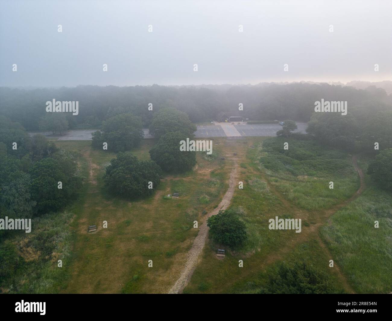 Aerial view of Newlands Corner Surrey on a foggy morning. Newlands ...