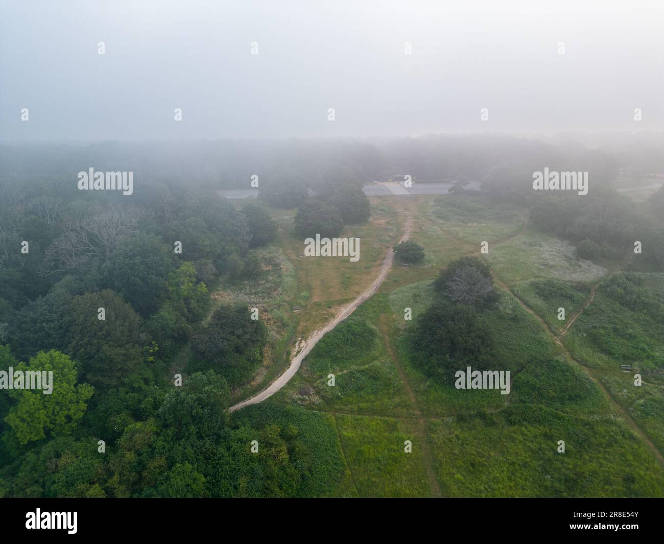 Aerial view of Newlands Corner Surrey on a foggy morning. Newlands ...