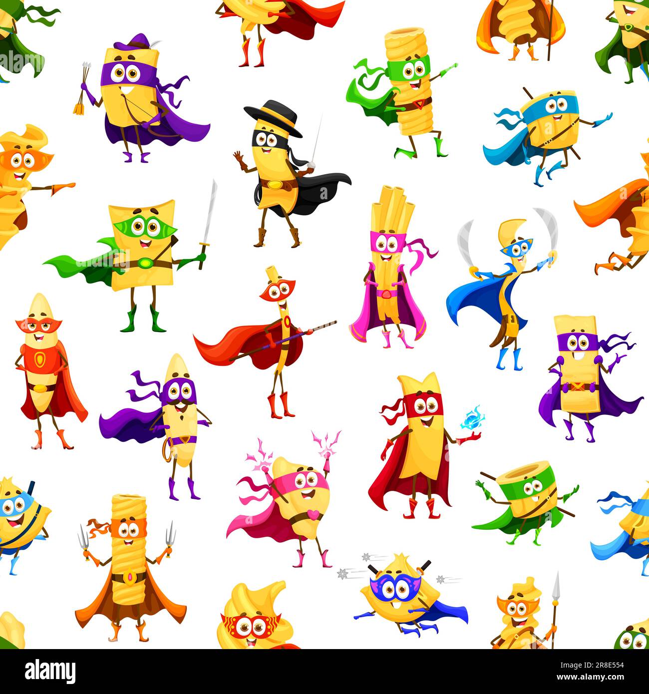 Cartoon italian pasta superhero characters seamless pattern. Fabric ...