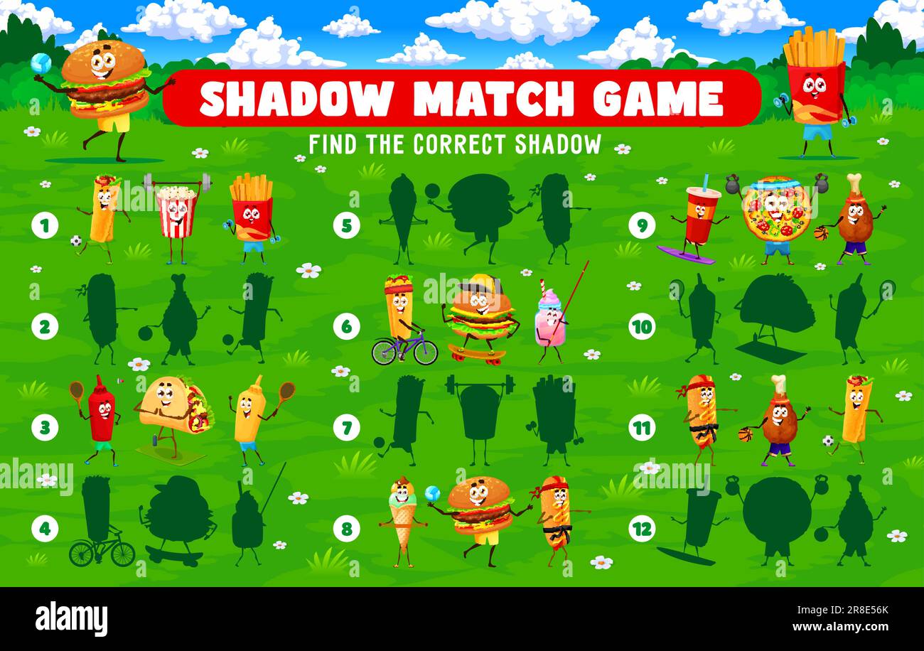 Shadow match game. Cartoon fastfood characters on sport vacation ...