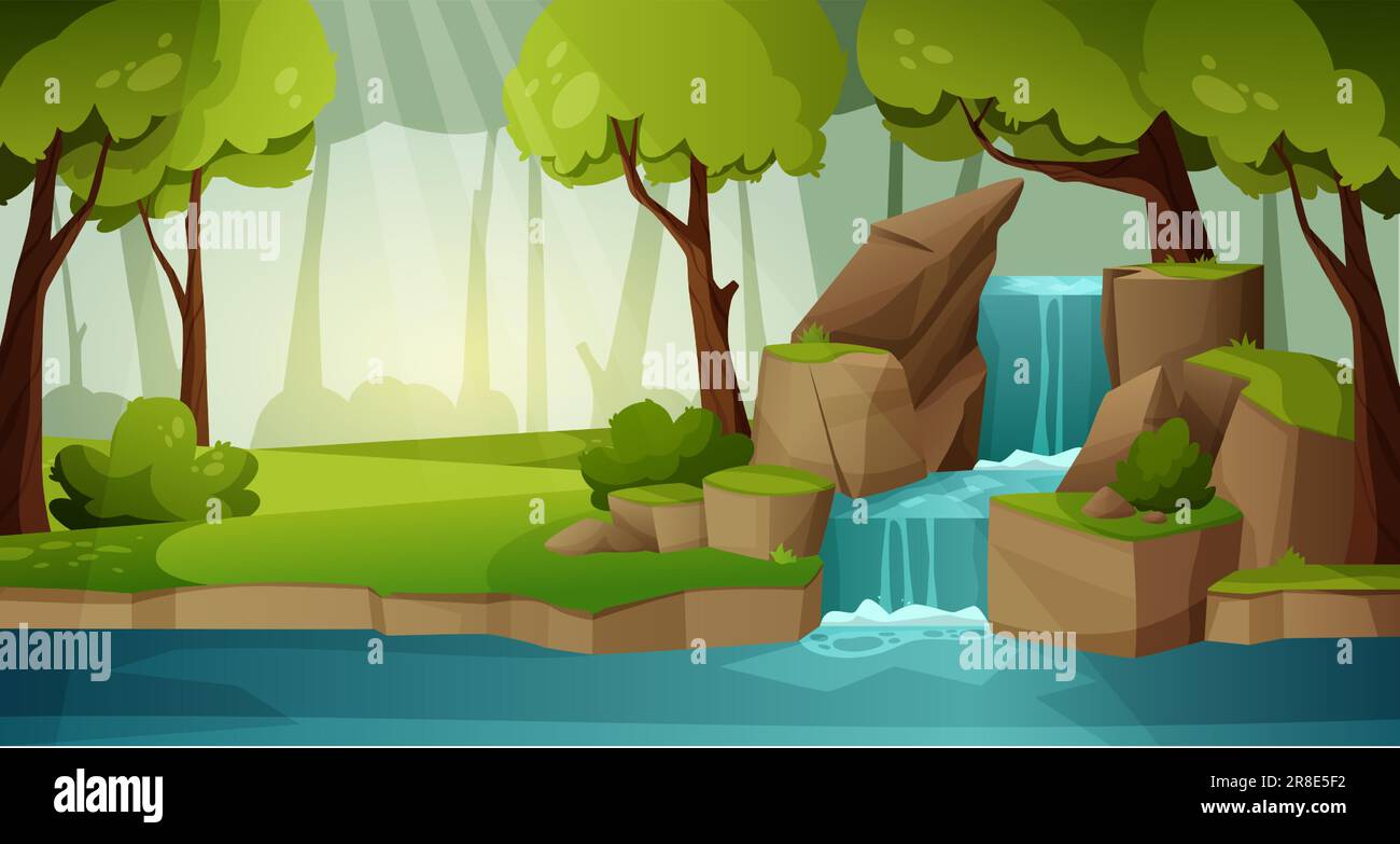 Mountain waterfall landscape. Tropical rainforest water cascade on cliff with splashes foliage ...