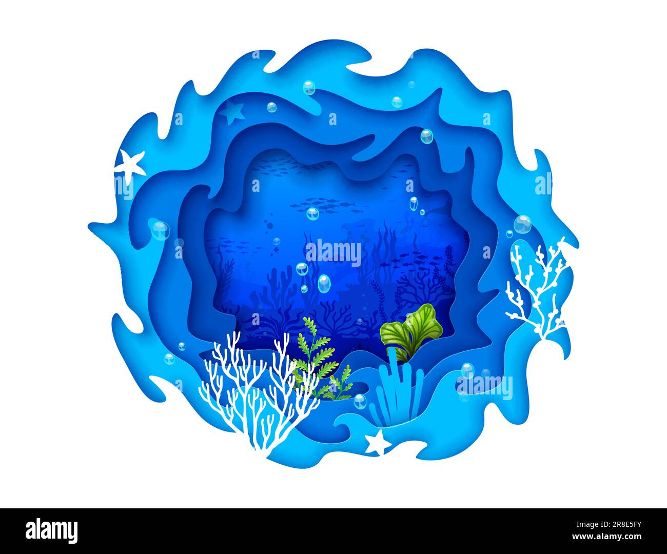 Cartoon tropical sea paper cut landscape with ocean bottom, starfishes ...