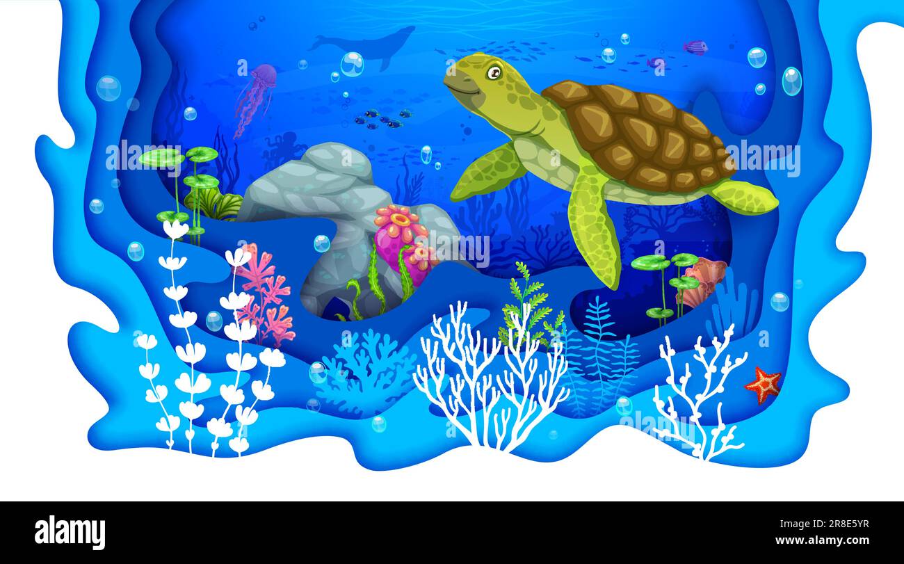 Cartoon sea turtle and underwater paper cut landscape. 3d vector ...