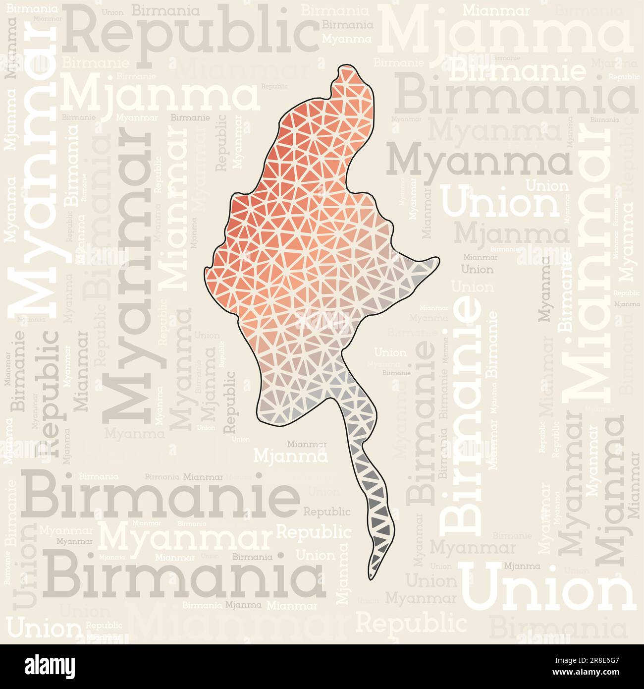 MYANMAR map design. Country names in different languages and map shape ...