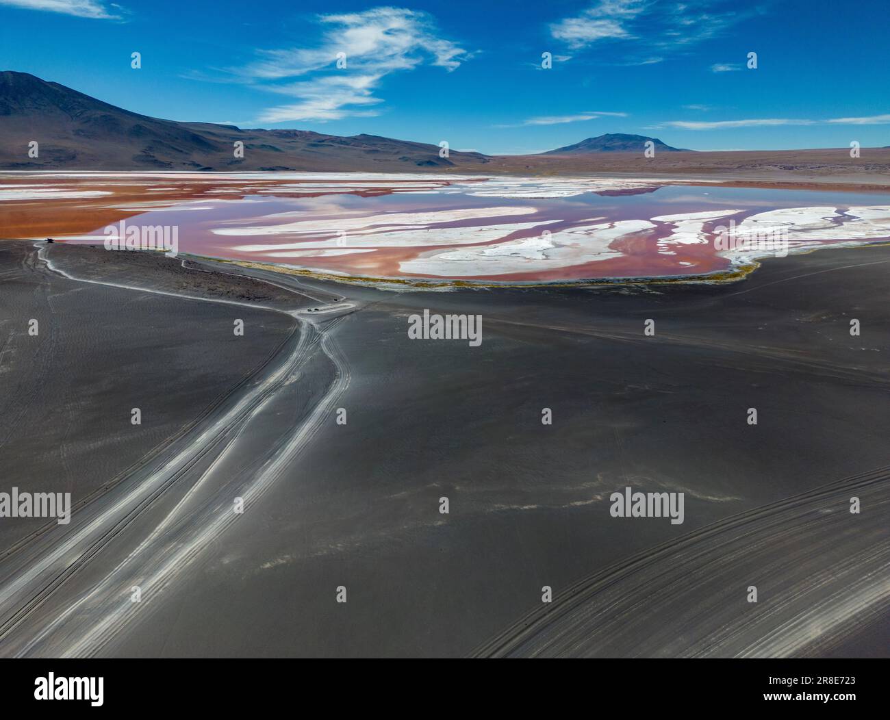 Aerial view of Laguna Colorada, famous natural sight while traveling ...