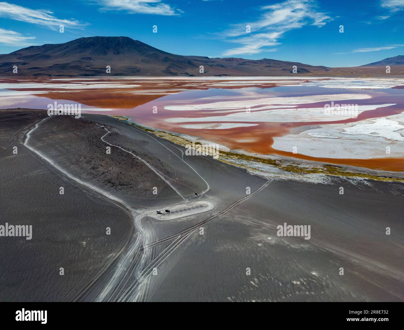Aerial view of Laguna Colorada, famous natural sight while traveling ...