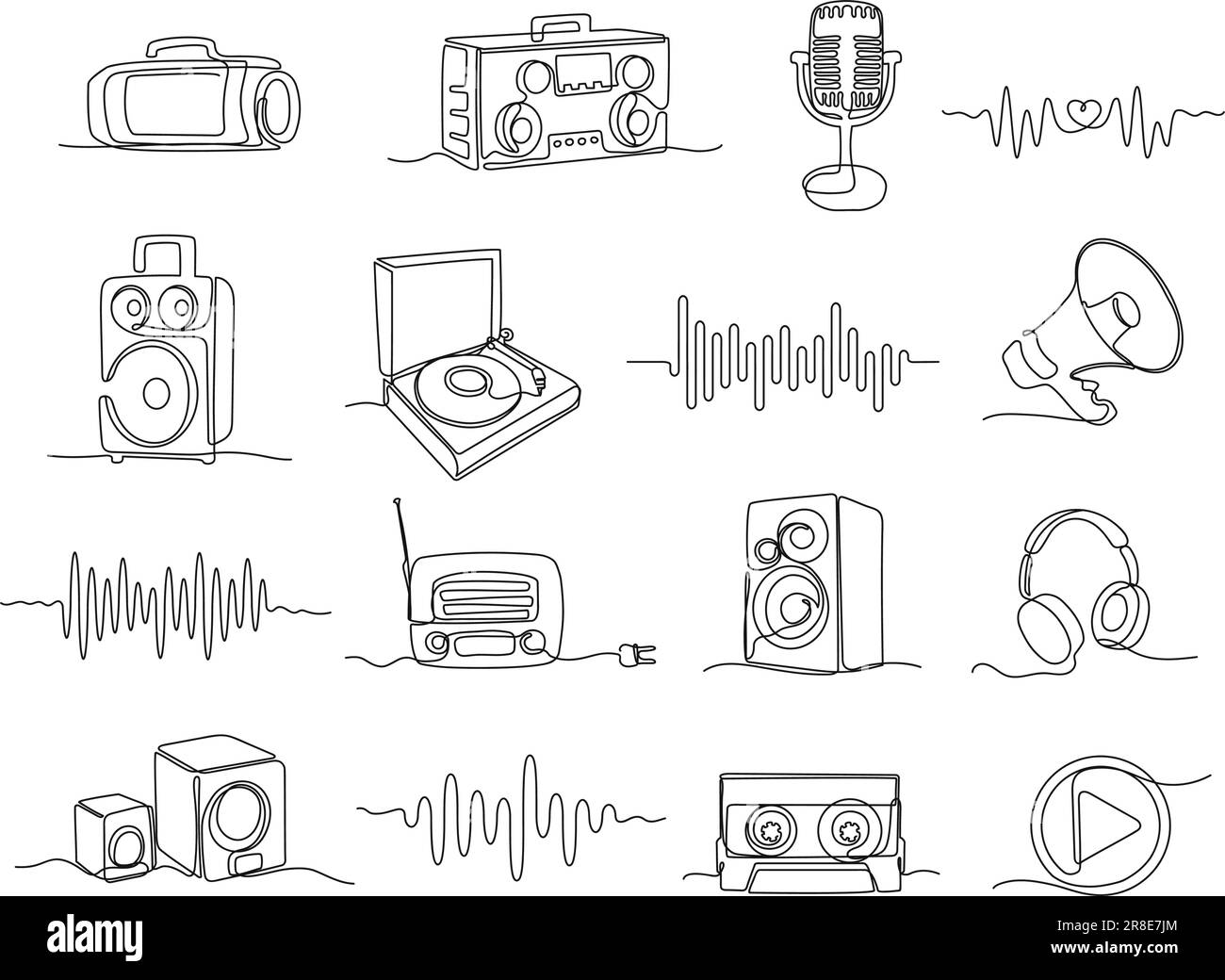 Continuous one line sound illustrations. Linear sound wave, audio ... Continuous one line sound illustrations. Linear sound wave, audio ...
