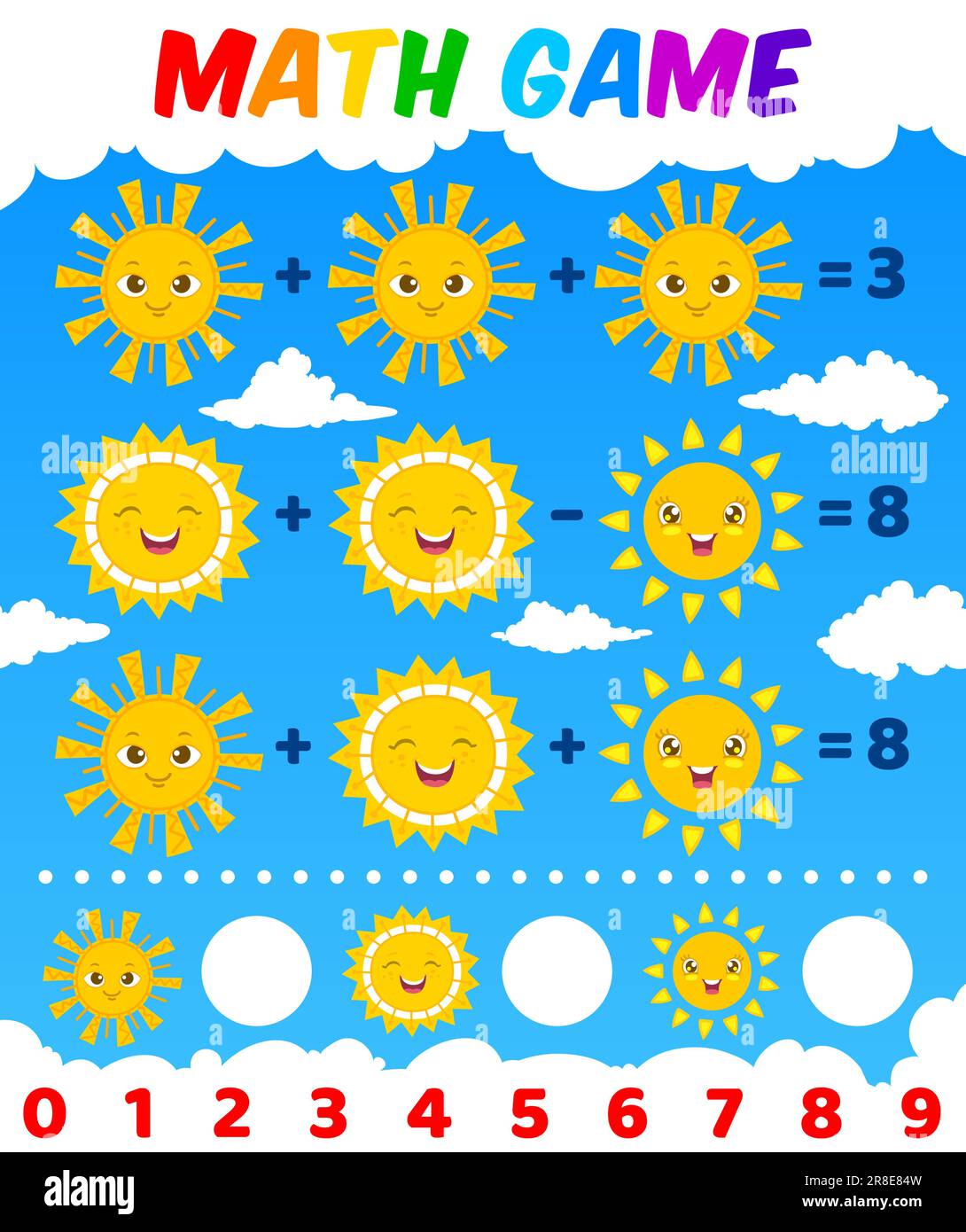 Math game worksheet. Cartoon sun characters. Children education game ...