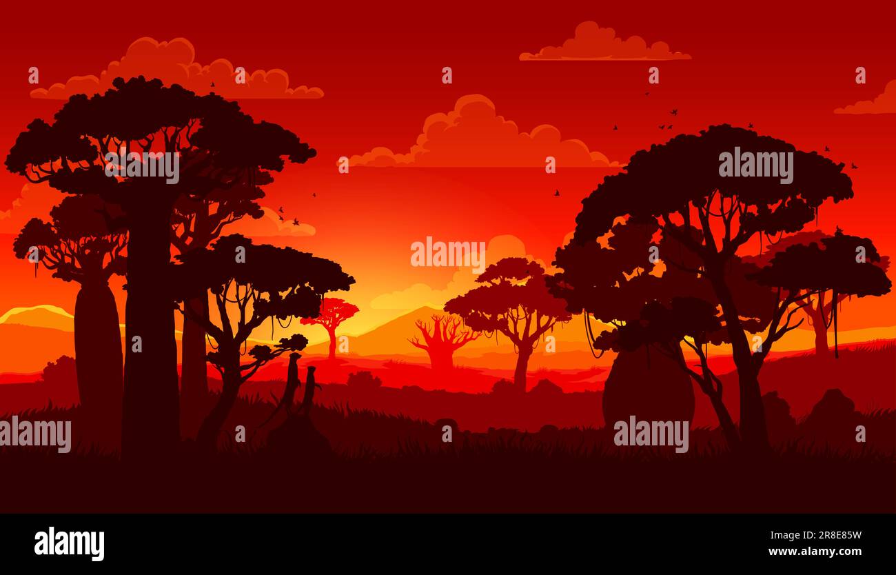 African savannah sunset landscape silhouette. Scenery panorama with ...