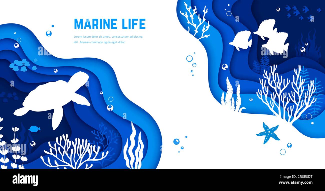 Landing page sea underwater paper cut landscape with fish, turtle and ...