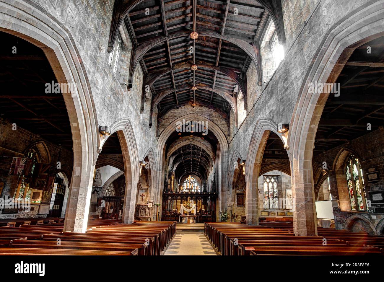 Looking east down the nave to the rood screen, chancel, altar and east ...