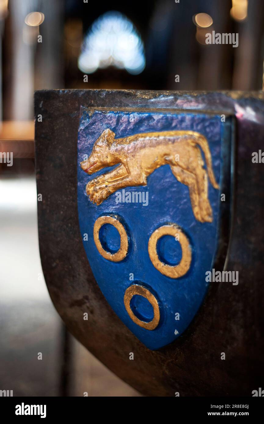 Coat of arms of the Rodes family on the octagonal marble font, St ...