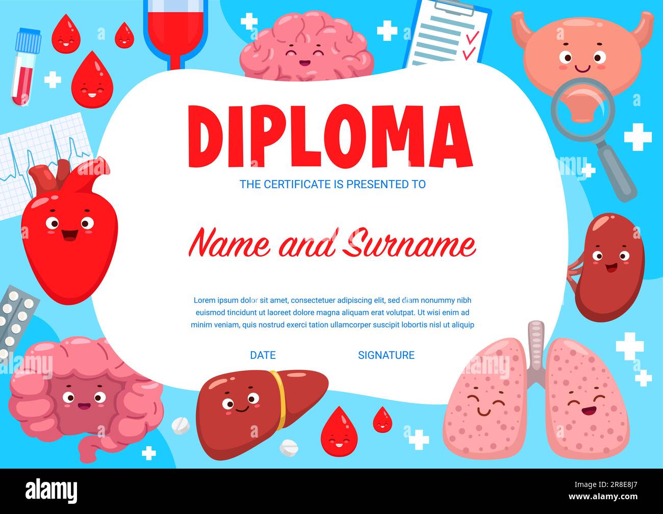 Kids diploma for young doctor. Cartoon body organ characters. Medical ...