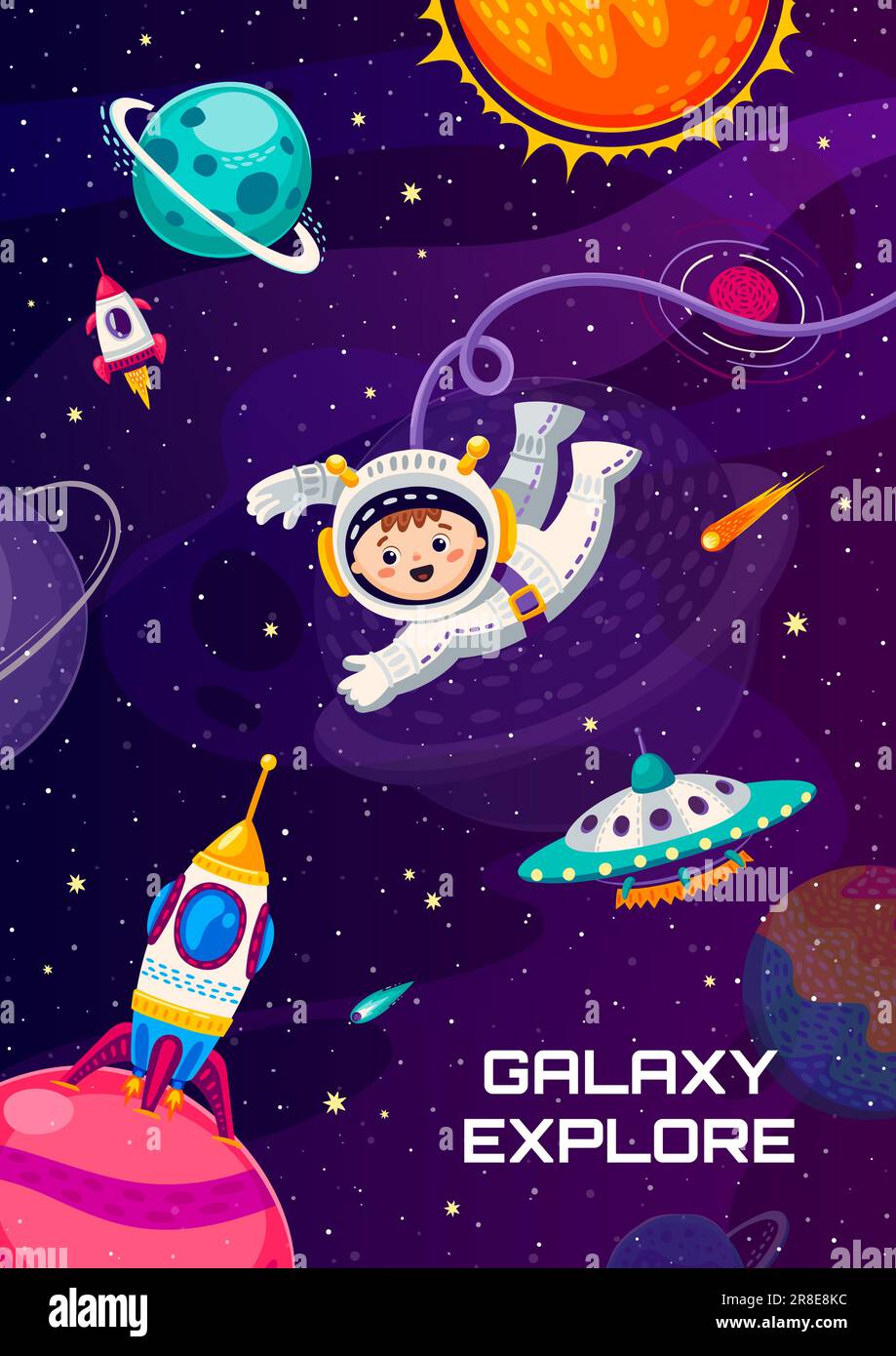 Cartoon space poster with kid astronaut character. Galaxy research ...