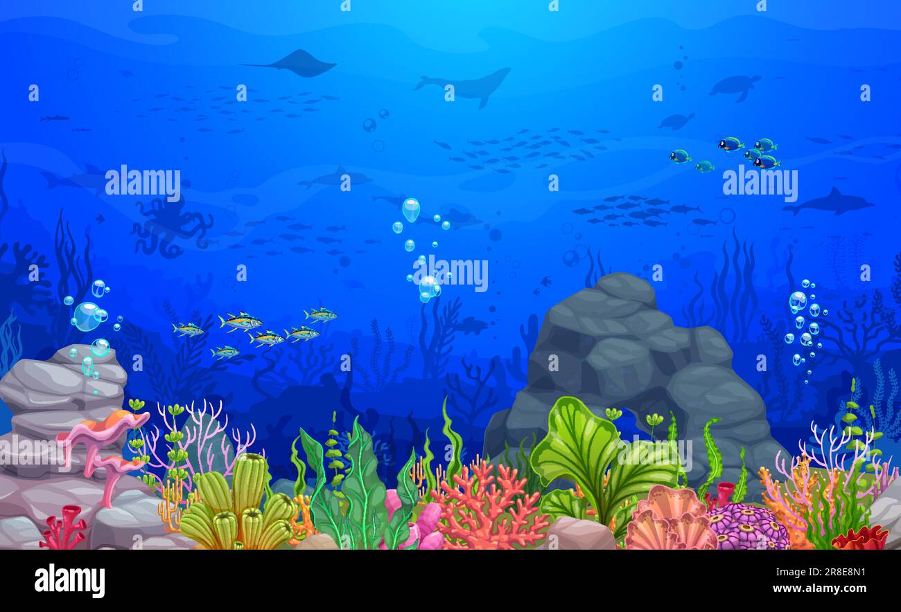 Cartoon underwater landscape, game level. Vector background with sea ...