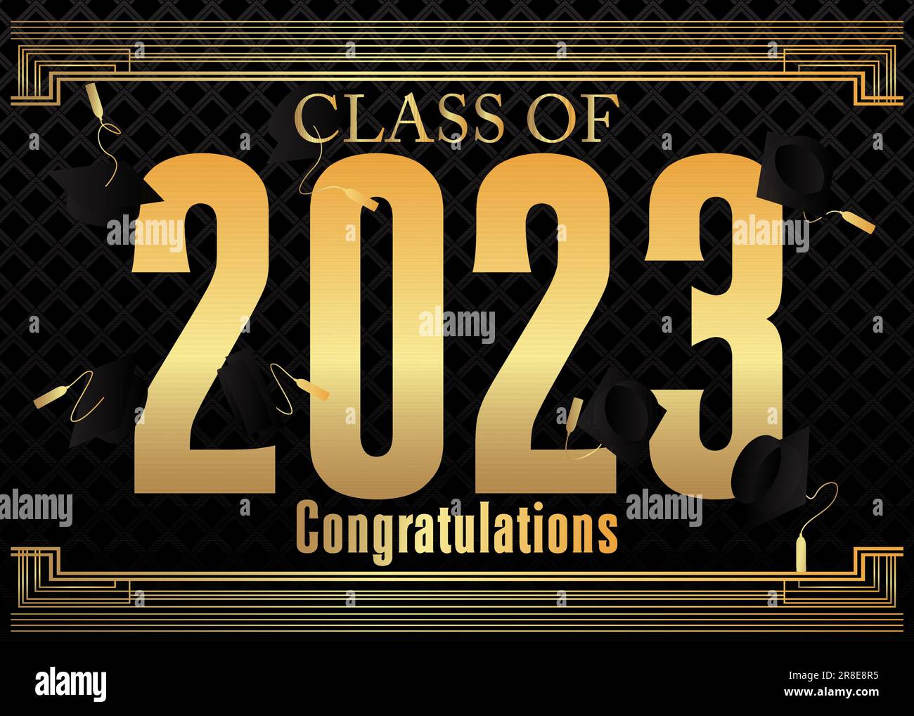 Black and gold class of 2023 Graduation design template. Vintage party ...