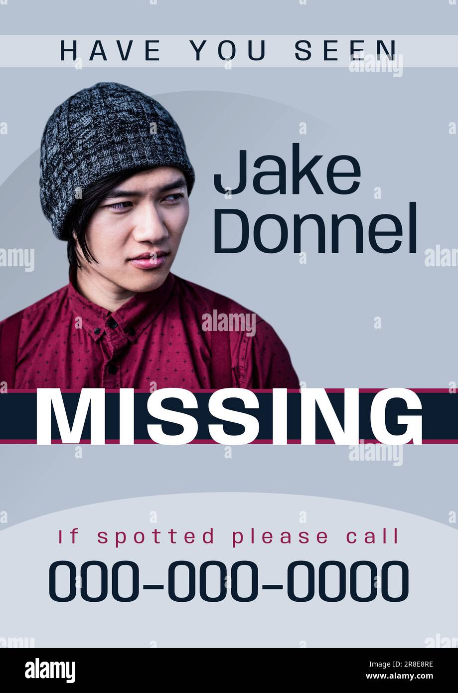 Composite of missing poster of asian young man, have you seen jake donne, if spotted please call ...