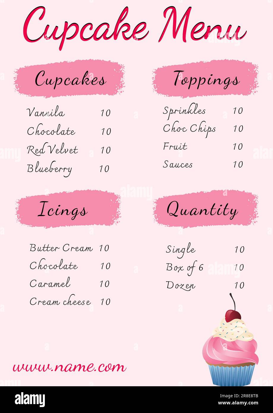 Illustration of cupcake menu with cupcakes, menu, icings, toppings text ...