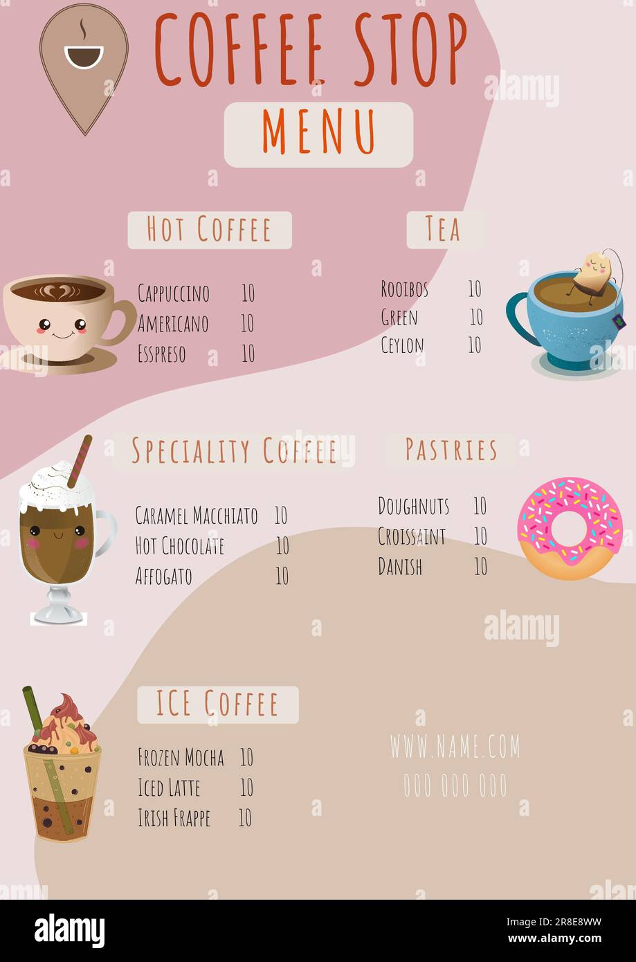 Illustration of coffee stop menu with list of coffee, tea, pastries and ...